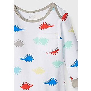 Amazon Essentials Unisex Babies' Long-Sleeve Coveralls, Pack of 2, Aqua Blue Stripe/White Dinosaur, 12 Months