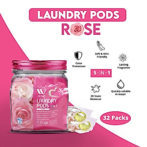 Natural Solution 5-in-1 Laundry Pods, Total 96 Count, Ultra Concentrate with Powerful Stain Lifter Technology, Fabric Softener With Rose Extracts, Detergent Pods, 32 Count/Each (Pack of 3)