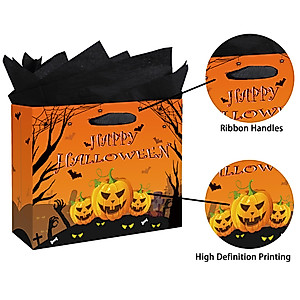 Large Happy Halloween Bag, Orange Halloween Paper Gift Bag with Tissue Paper and Card, Halloween Party Favors Bags Pumpkin Gift Bag, Halloween Wrapping Gift Paper for Halloween Party Gift Supplies