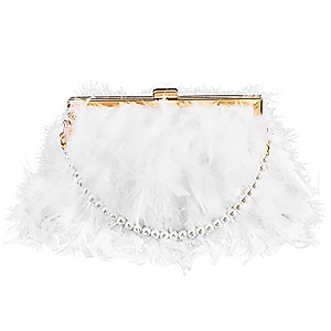 Amylove Evening Purse with Pearl Gold Chain Faux Fur Purse Fake Feather Clutch Fluffy Purse Women's Evening Handbags (White)