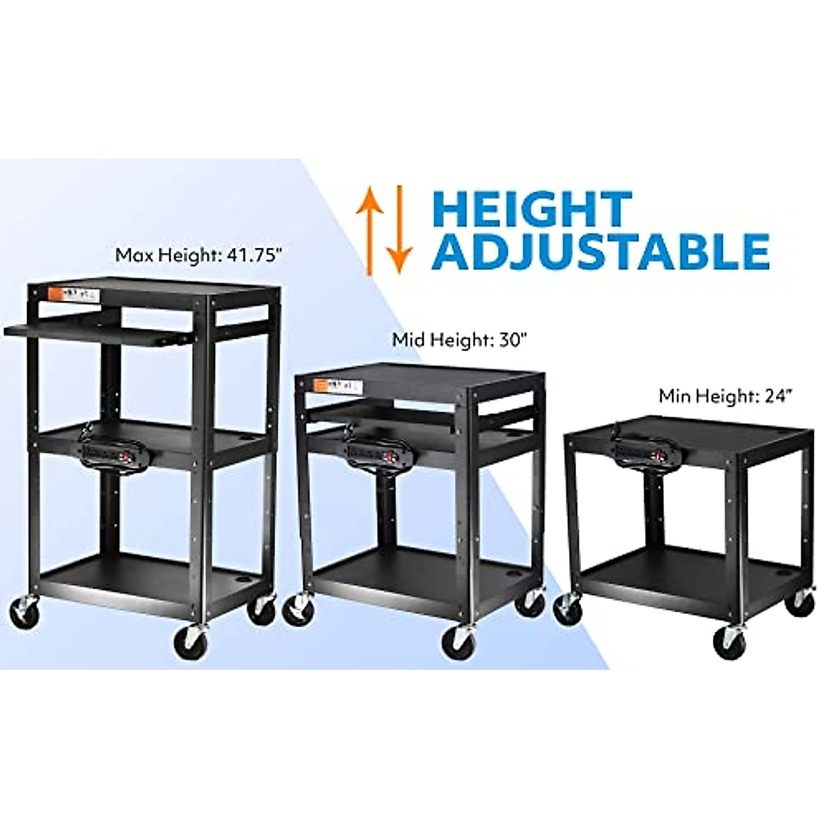 Steel AV Cart on Wheels - Rolling Projector Cart with Height Adjustable Shelf, Pullout Keyboard Tray, Power Strip, and Cord Management - Holds 300 lbs and Easy to Assemble (24'' x 18'' x 41'')