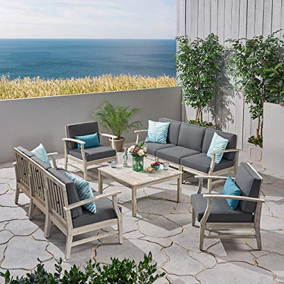 Great Deal Furniture Lorelei Outdoor 9 Piece Acacia Wood Sofa Conversational Set, Light Gray and Dark Gray