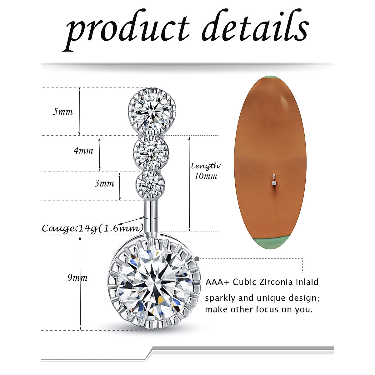 Akeoqi 14G Belly Button Rings for Women Dangle Cute Snake Round/Love Heart Devil Heart Clear Cubic Zirconia Navel Rings Body Piercing Jewelry Pack