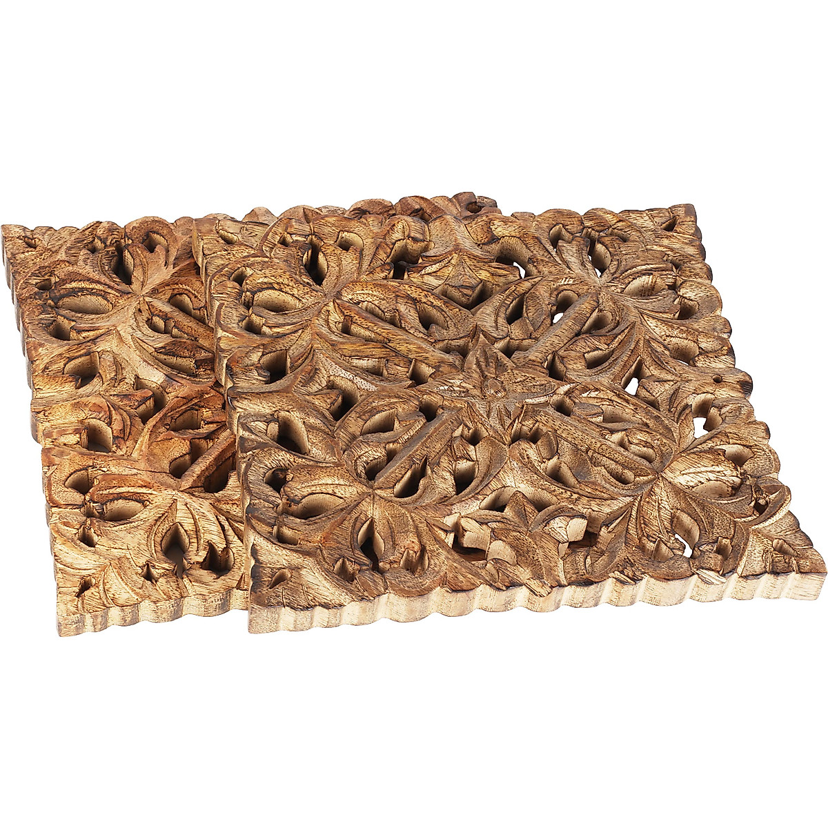 Wooden Set of 2 Square Trivet for Hot Dishes Plates & Pots Holder Hot Pad for Kitchen & Dining Table Décor Cookware Heat Resistant Rustic Decorative Carvings 8 Inches