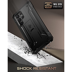 Poetic Revolution Case Compatible with Galaxy S22 Ultra 5G 6.8 inch, Full Body Rugged Shockproof Protective Cover Case with Kickstand, Built-in Screen Protector Work with Fingerprint ID, Black