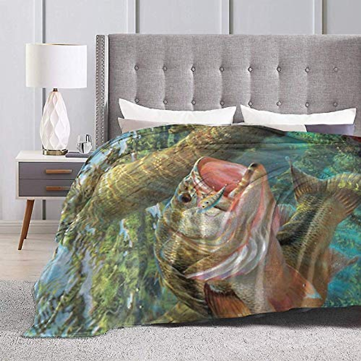 Bass Fish Fishing Throw Blanket Super Soft Flannel Blanket Decorative Sofa Blanket for Kids Adults Warm Cozy 60"X50" Couch Blankets for Living Room Home Travel Camping Beach