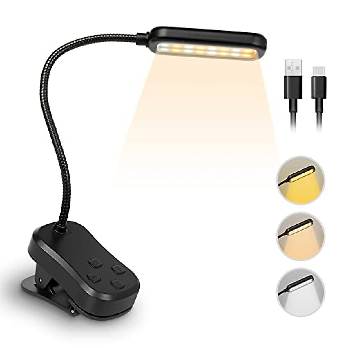 QEZEZA Book Light for Reading in Bed, USB-C Rechargeable Book Light, Reading Light with 16 LEDs, 5 Brightness and 3 Color Modes,1000 mAh Strong Battery Life, 1 Hour Charge for Whole Day Working