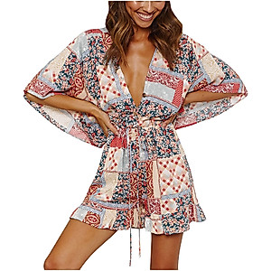 Bravetoshop Women's Boho Floral Print Romper Sexy Deep V Neck Batwing Sleeve Drawstring Waist Short Jumpsuits (Pink,XL)