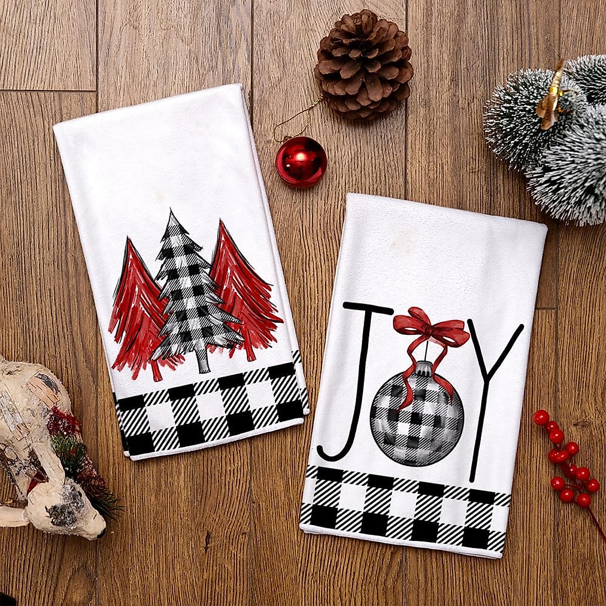 ARKENY Christmas Kitchen Towels Set of 2,Black Buffalo Plaid Xmas Tree Dish Towels 18x26 Inch Drying Dishcloth,Farmhouse Home Decoration AD008