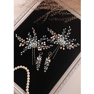 Kercisbeauty Mint Crystal Beads Hair Pins Set for Women and Girls Hair Piece and Dangle Drop Earrings Set Special Occasion Hair Accessories (Jewelry Set)