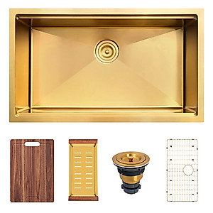 JoviPrime 32 Inch Gold Kitchen Sink Workstation Undermount Stainless Steel 16 Gauge Kitchen Sink Handmade Deep Single Bowl Kitchen Sink with Accessories 32" x 18" x 10"