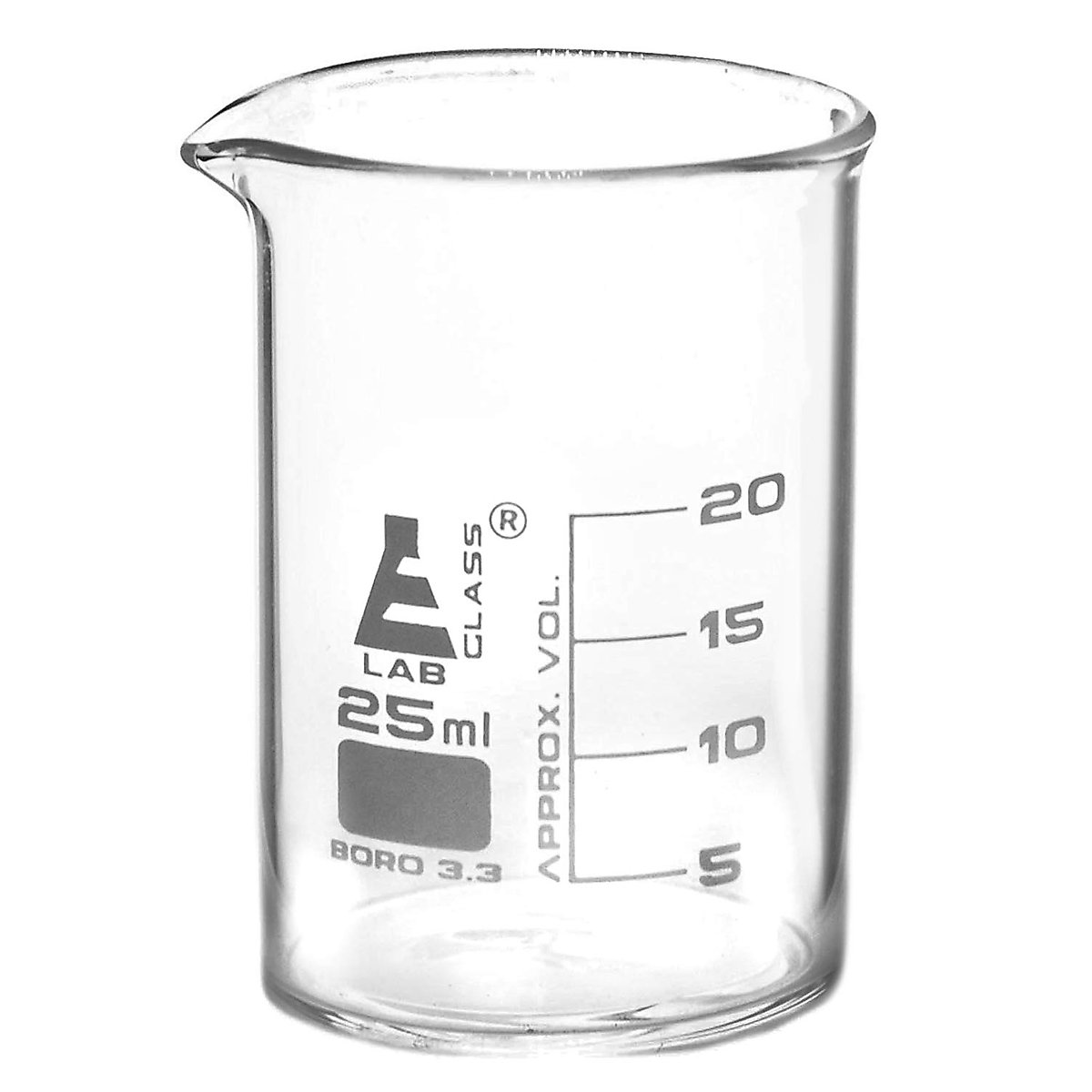 EISCO Beaker, 25ml - Griffin Style, Low Form with Spout - White, 5ml Graduations - Borosilicate 3.3 Glass