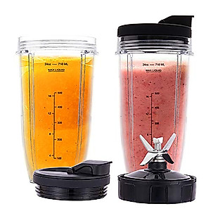Revorit Blender Replacement Parts for Ninja, 2 24oz Cups with To-Go Lids, 7 Fins Extractor Blade, for Nutri Ninja Auto iQ BN801 BL480-30 BL640-30 BL642-30 NN100-30 BL2012 (2 Pack)
