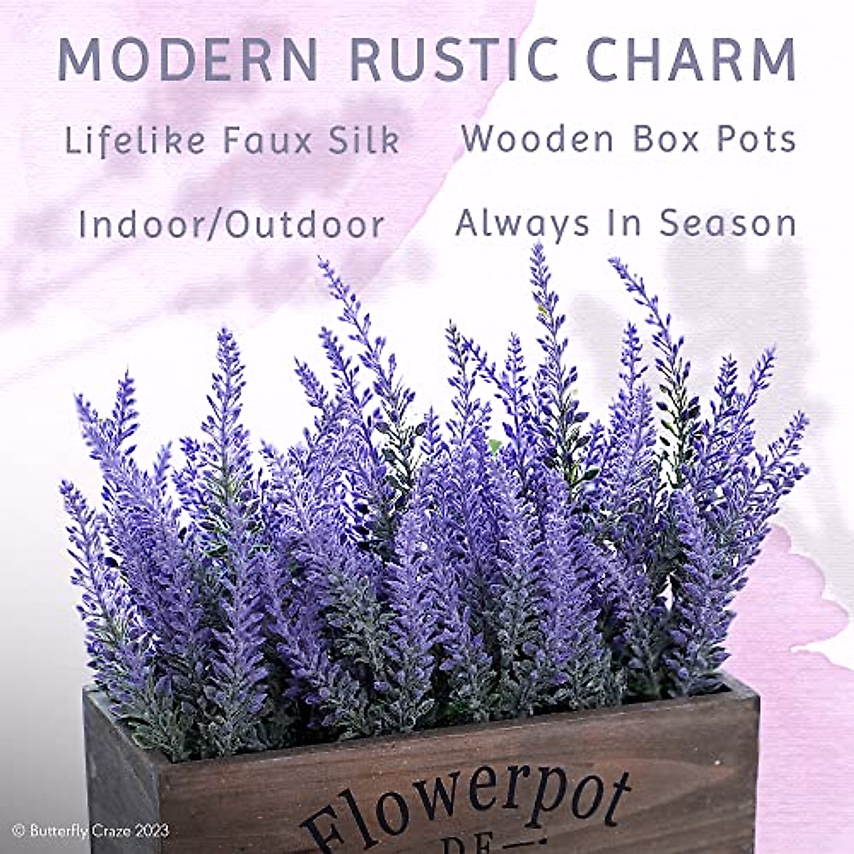 Butterfly Craze Artificial Lavender Plants in Rustic Wooden Planters - Lifelike, Stunning Faux Silk Purple Flowers Perfect for Elevating Your Patio, Home Décor, or Office, Large Dark Brown Pot