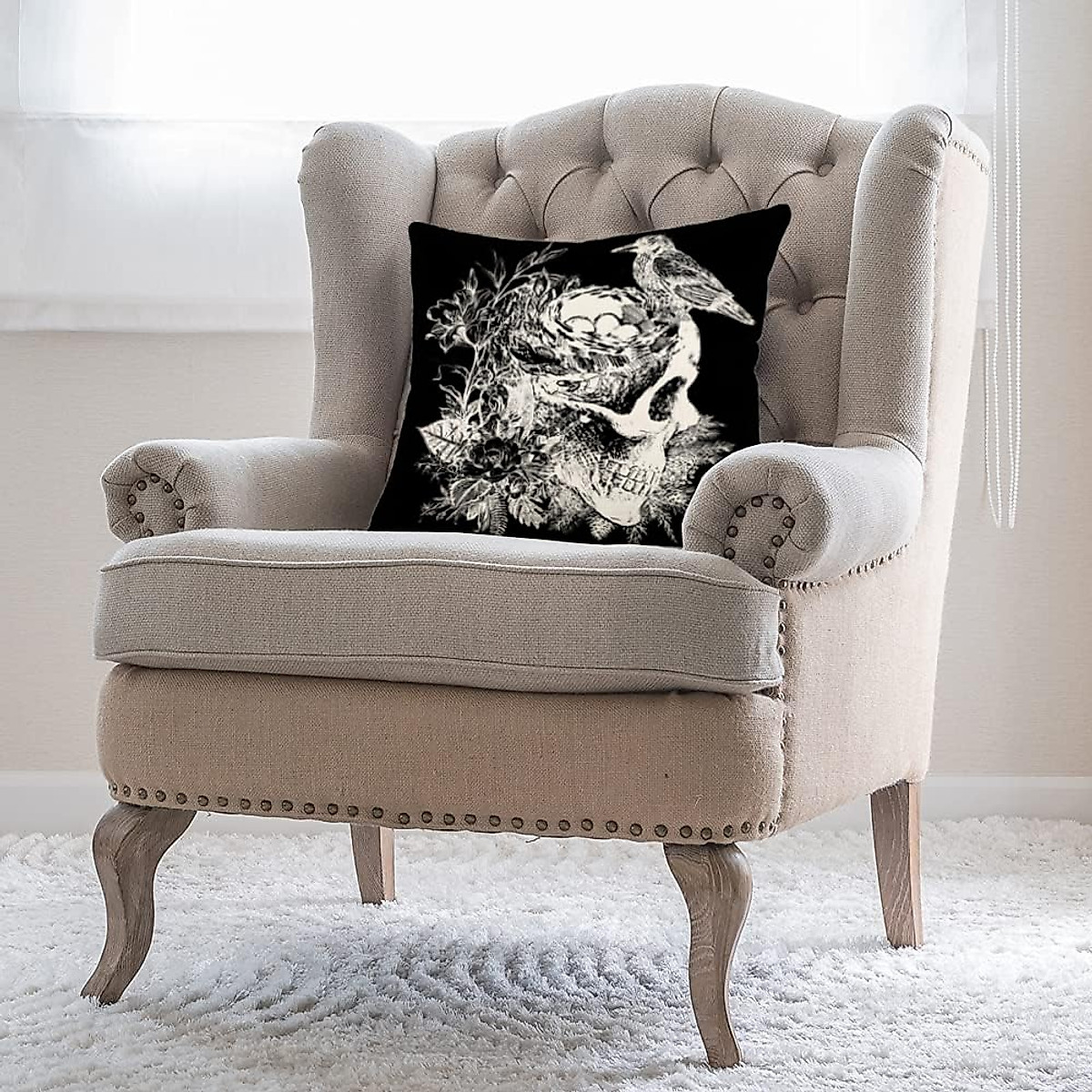 Halloween Decoration Pillow Covers 20x20 Inch Skull Black White Pillow Cases Death Skeleton Floral Bird Crow Modern Urban Retro Hand Drawn Pattern Cushion Covers Decorative Pillows for Home Room Sofa