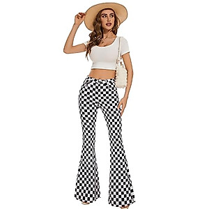 Odefou Bell Bottom Jeans for Women High Waisted Stretch Plaid Flare Jeans Bootcut Pants(Black White Plaid,6)