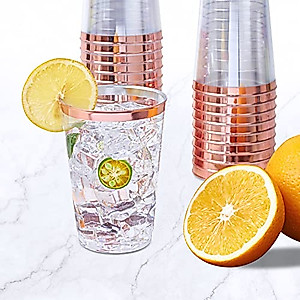 JOLLY CHEF 100 Pack Rose Gold Plastic Cups, 12 oz Clear Plastic Cups Tumblers, Elegant Rose Gold Rim Disposable Plastic Cups Perfect for Party Wedding
