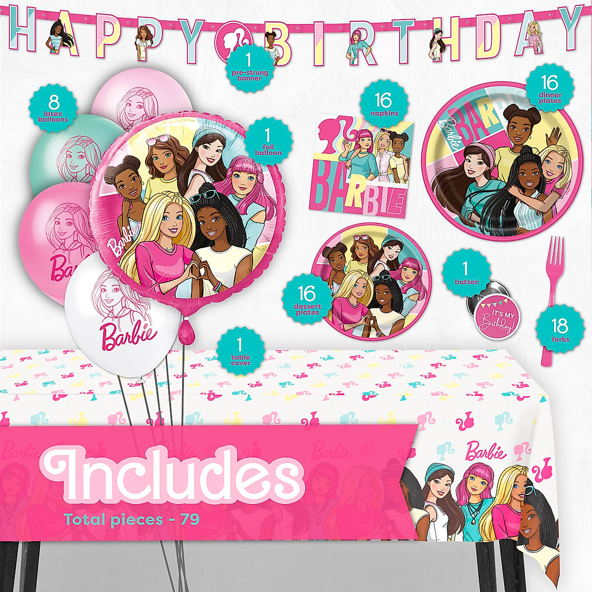 Unique Barbie Party Decorations | Serves 16 Guests | Officially Licensed | Barbie Birthday Decorations | Barbie Birthday Party Supplies | Barbie Balloons, Banner, Tablecover, Plates, Napkins, Button