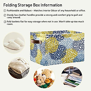 Blue Floral Navy Chrysanthemums Storage Basket Bin Blue Yellow Flower Large Fabric Toys Storage Cube Box with Handles Collapsible Closet Shelf Cloth Organizer Basket Set of 2 for Nursery Bedroom