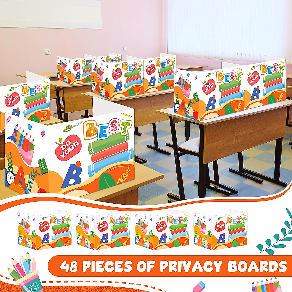48 Pack Privacy Boards for Students Classroom Shields Cardboard Desk Dividers Trifold Test Privacy Folders Desk Partition Panel with Motivational Messages for Home School Supplies (Stylish Style)