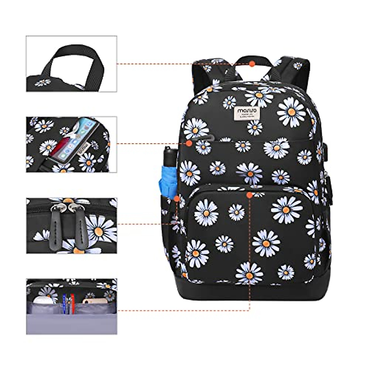 MOSISO 15.6-16 inch 20L Laptop Backpack for Women Girls, Polyester Anti-Theft Stylish Casual Daypack Bag with Luggage Strap & USB Charging Port, Camomile Travel Business College School Bookbag, Black