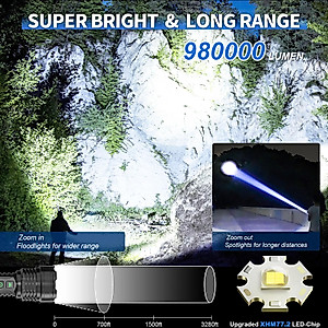 Goreit Flashlights High Lumens Rechargeable, 980000 Lumen XHM77.2 Flash Lights Battery Powered LED Flashlight, Handheld Tactical Flashlight, Super Bright Waterproof Flashlight for Camping Emergency