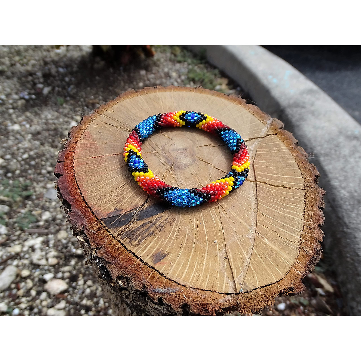 Native American Inspired Tribal Fire Diamond Pattern Guatemalan Czech Glass Seed Beaded One Size Fits All Bangle Bracelet - Womens Fashion Handmade Jewelry Boho Accessories (Light Blue)