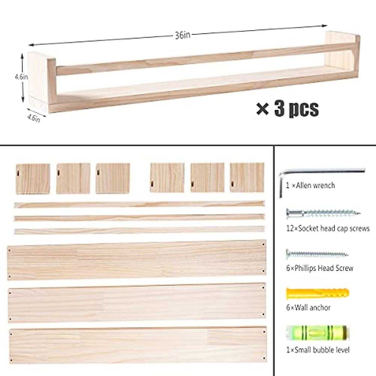 MBYD 36 Inch Wall Bookshelf Set of 3 Same Dimensions, Handmade Natural Wood Floating Bookshelves, Nursery Shelves, Kitchen Spice Rack or Bathroom Organizer