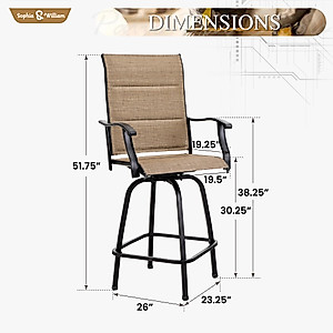 Sophia & William Outdoor Bar Stools Set of 4 with Padding, Swivel Bar Chairs, Tall Patio Chairs, Outdoor High Top Chairs, Supports 300 lbs (Brown Fabric)