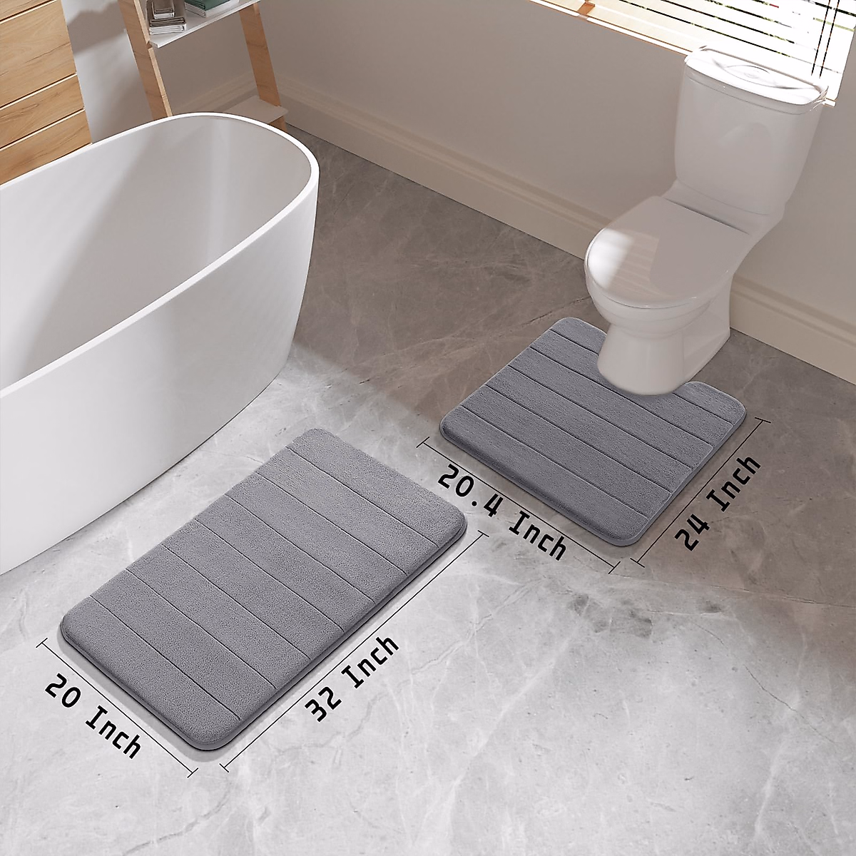 Yimobra Memory Foam Bath Mat Set, 2 Piece Soft Bathroom Rugs, 31.5x19.8 and 24x20.4 U-Shaped Bathroom Rugs, Toilet Mat, Water Absorption, Non Slip, Thick, Dry Fast for Bathroom Floor Mats, Grey