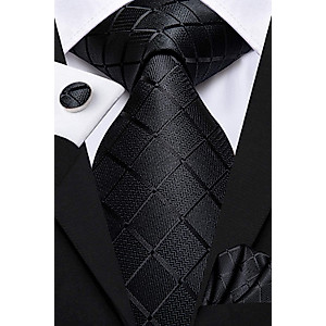 Hi-Tie 3/5 Pcs Gift Box Mens Tie Set Necktie with Pocket Square and Cufflinks Silk Neck Tie Collection,Black