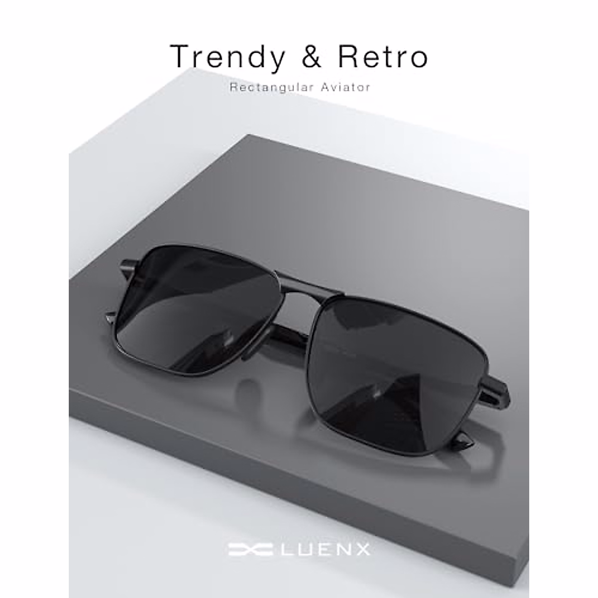 LUENX Men Rectangular Polarized Sunglasses Square Retro Shades - Black Lens Black Frame 59mm