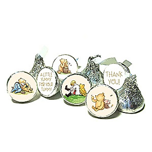 108 Pcs Cute Winnie Stickers 0.75 Inch Thank You Stickers Mini Kisses Labels Chocolate Candy Stickers The Pooh Baby Shower Decorations 1 st Birthday Party Favors