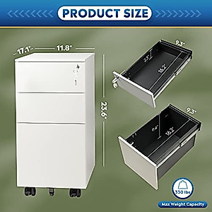 DEVAISE Slim File Cabinet with Lock, 3 Drawer Mobile Filing Cabinet for Legal/Letter/A4 Size, Fully Assembled Except Wheels, White