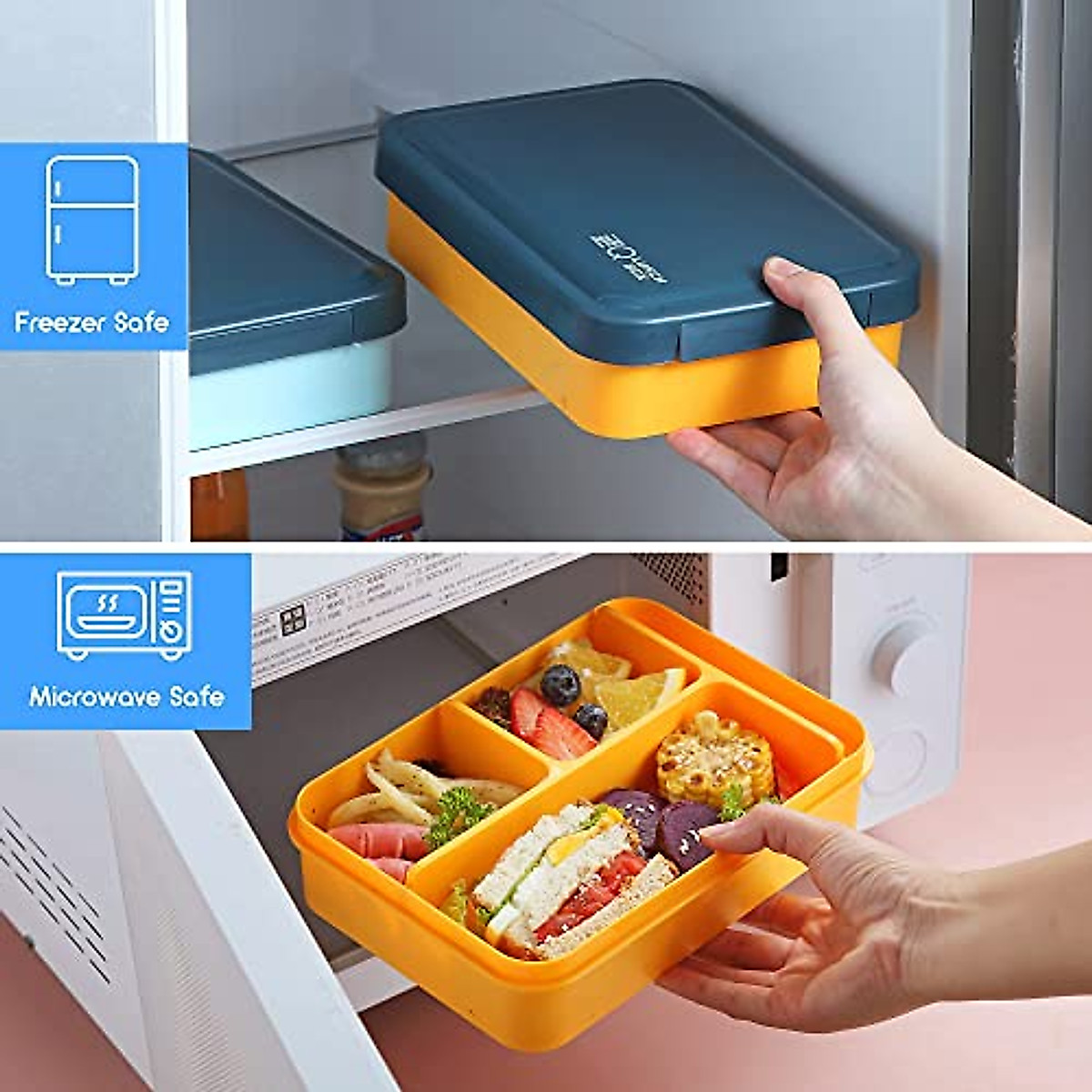 ZZQ Bento Box Lunch Box, Lunch Box Containers for Kids & Adults, 4 Compartment Container for Schools Lunch with Bag, Cutlery, Microwave Safe, BPA Free On-the-Go Meal Prep Containers (Yellow)