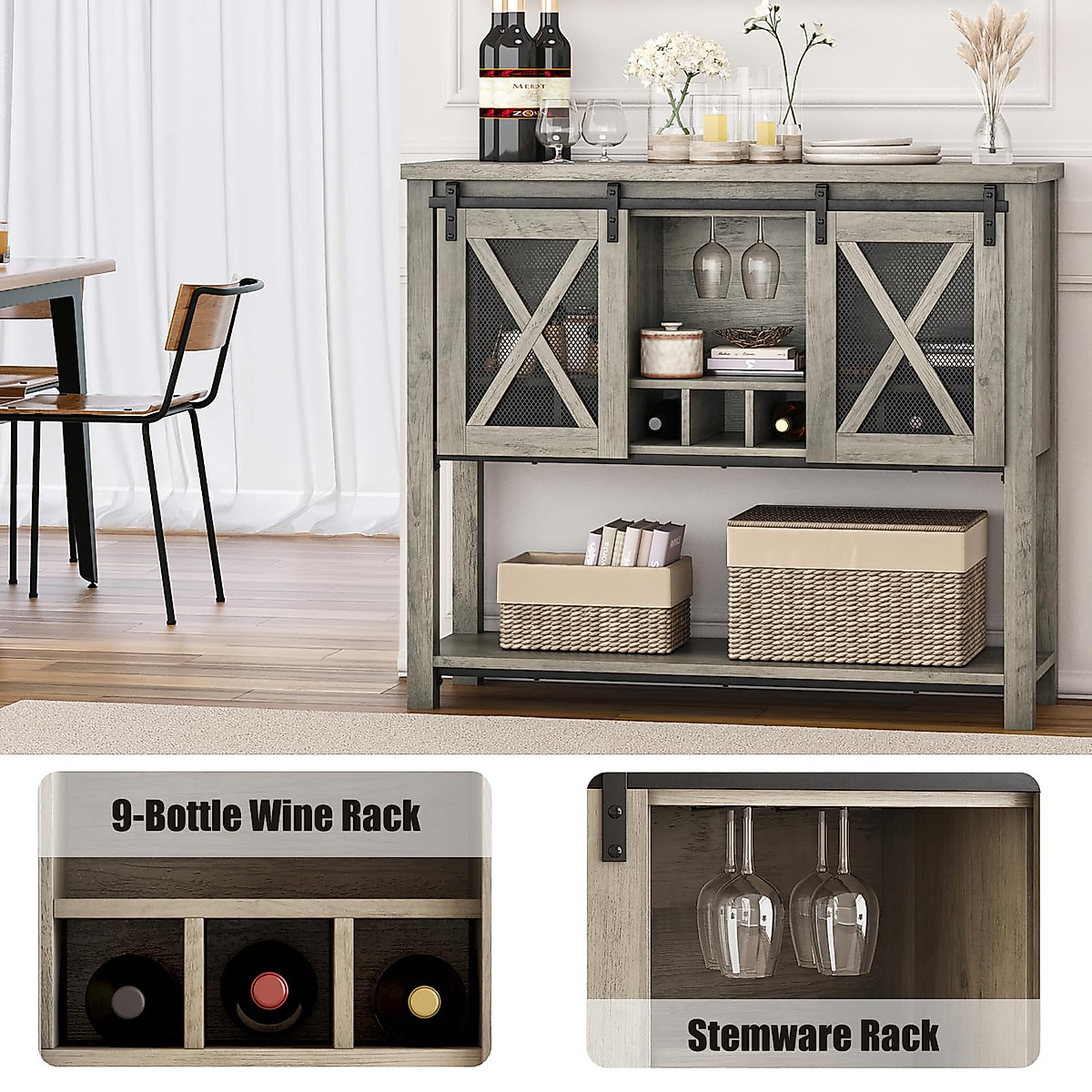 IDEALHOUSE Coffee Bar Cabinet, Sideboard Buffet Storage Cabinet with Storage, Farmhouse Wine Bar Cabinet with Wine Glass Rack, Liquor Cabinet Bar for Home, Kitchen, Dining, Living Room