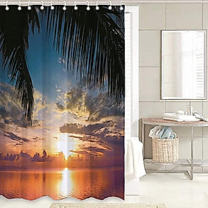 GRIEKOWE 4 Pcs Beach Shower Curtain Sets with Non-Slip Rugs, Toilet Lid Cover and Bath Mat, Sunset Ocean Waves Shower Curtain Blue Sky Coastal Sun Rays Shower Curtain with 12 Hooks, 72''x72''