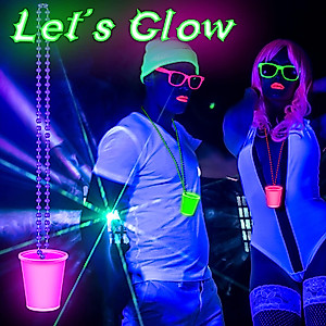 Sureio 12 Pieces Glow in the Dark Necklace Shot Glass Necklaces Glowing Neon Beaded Necklace Light up Cup Shaped for Weddings BBQ Beach Holidays Birthday Bachelorette Neon Party Supplies, 6 Colors
