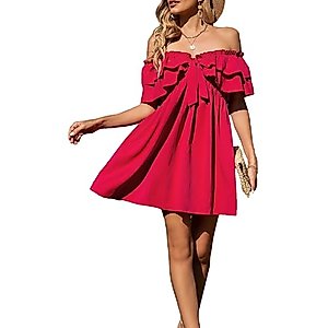 WDIRARA Women's Off Shoulder Frill Trim Short Sleeve Tie Front Flare Dress Red L