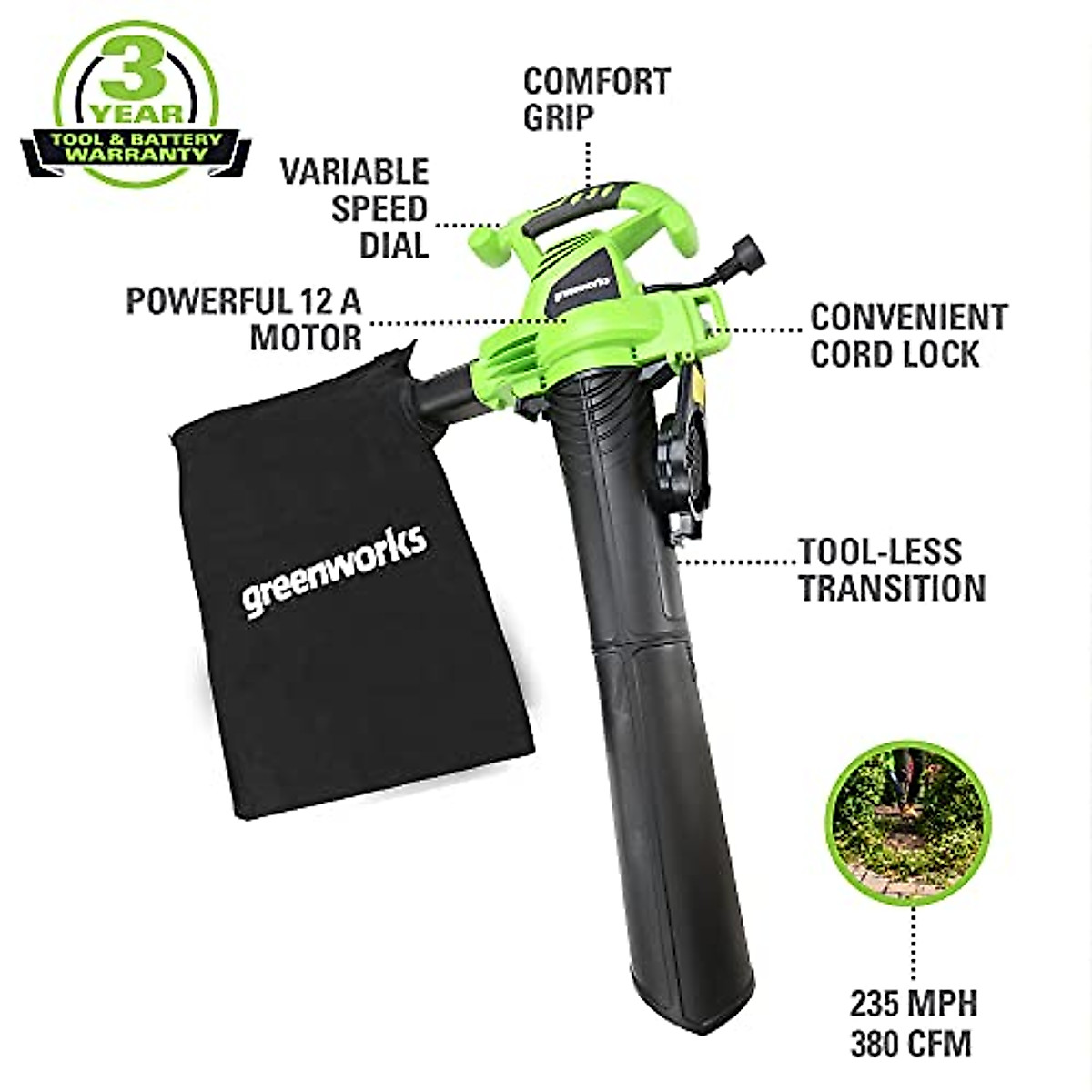 Greenworks 12 Amp 235MPH Variable Speed Corded Blower/Vac includes Metal Repeller, 24072