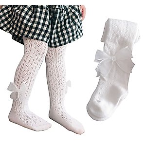 CHUNG Baby Girls Cotton Tights Thin Hallow Summer with Bowknot Lace Fashion Toddler Crochet Footed Legging (1-2 Years, White)