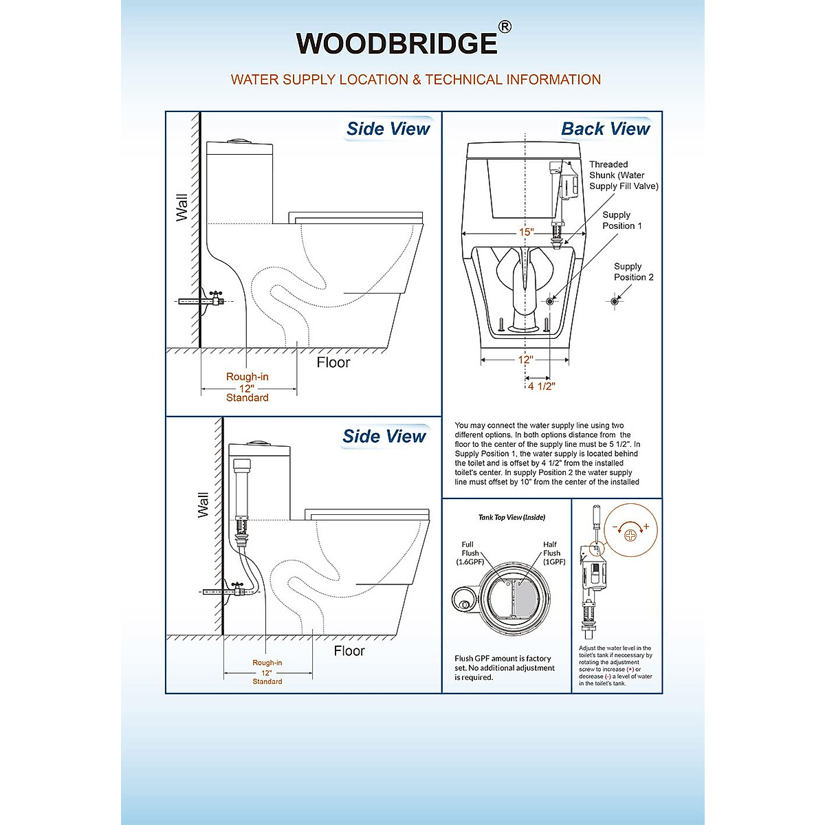 WOODBRIDGEE One Piece Toilet with Soft Closing Seat, Chair Height, 1.28 GPF Dual, Water Sensed, 1000 Gram MaP Flushing Score Toilet with Chorme Button, White,T0001-F-C