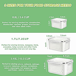 3 Pack Fruit Storage Containers for Fridge, Produce Saver Vegetable Container with Drain Colanders - Refrigerator Organizer for Lettuce Berry Keepers