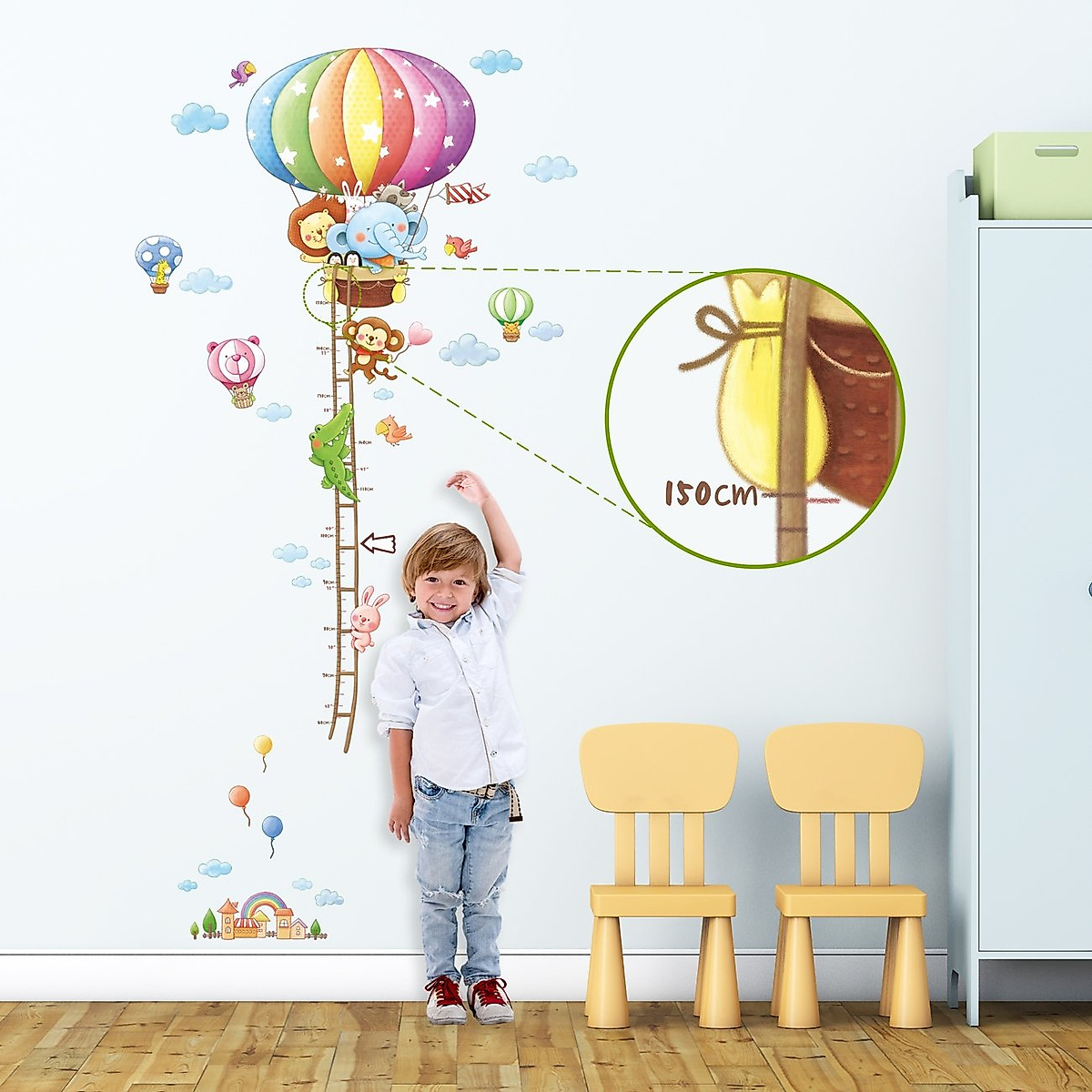 DECOWALL BS-1606 Animal Hot Air Balloon Height Growth Chart Kids Wall Stickers Wall Decals Peel and Stick Removable Wall Stickers for Kids Nursery Bedroom Living Room d?cor