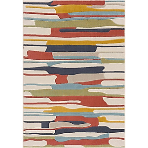 Hauteloom Southfields Modern Farmhouse Contemporary Door Mat Multicolor Small Area Rug - Colorful Rainbow Striped Modern Rug Carpet - Red, Yellow, Blue, Green - 2' x 3'