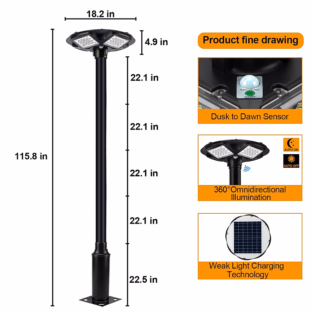 HCOOR 100W Solar Street Lights Outdoor, IP65 Waterproof Dusk to Dawn Solar Led Outdoor Light with Remote Control, 6500K Cool White Security Led Flood Light for Yard, Garden, Street, Parking Lot