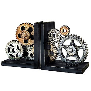 Bellaa 20881 Decorative Bookends Gear Book Shelves Stoppers Holder Nonskid Shelf Heavy Ends Supports Vintage Industrial Modern Art Home Decor Statues Sculptures 6 inch