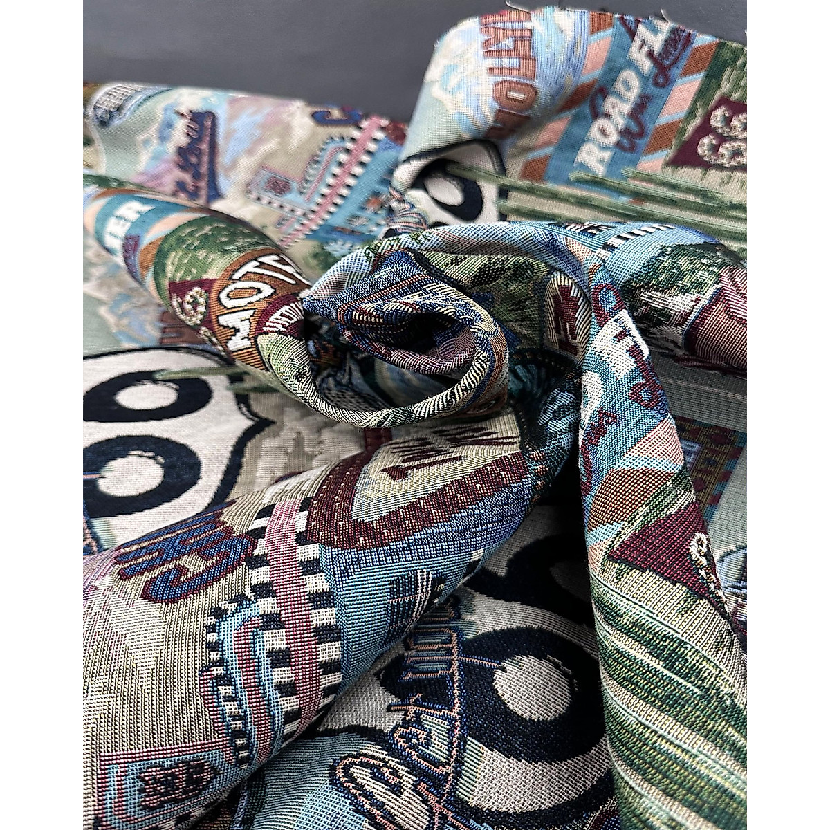 FABRIC EMPIRE - Classic Retro Route 66 Inspired Tapestry Fabric, Motel, Diner, Gas Station Theme - 56" W, Sold by The Continuous Yard, Tote Bags, Accent Pillows, Upholstery (Large, Route 66 Logo)