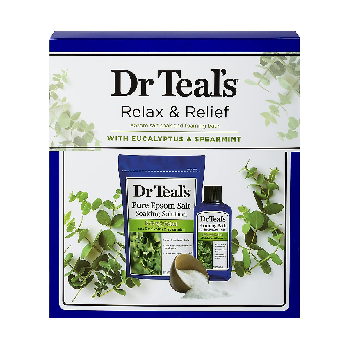 Dr Teal's Eucalyptus Epsom Salt & Foaming Bath Oil Sampler Gift Set - Give The Gift of Rejuvenation & Self Care! - 14 oz Bag of Eucalyptus Bath Salts & 3 oz Bottle of Eucalyptus Foaming Bath Oil