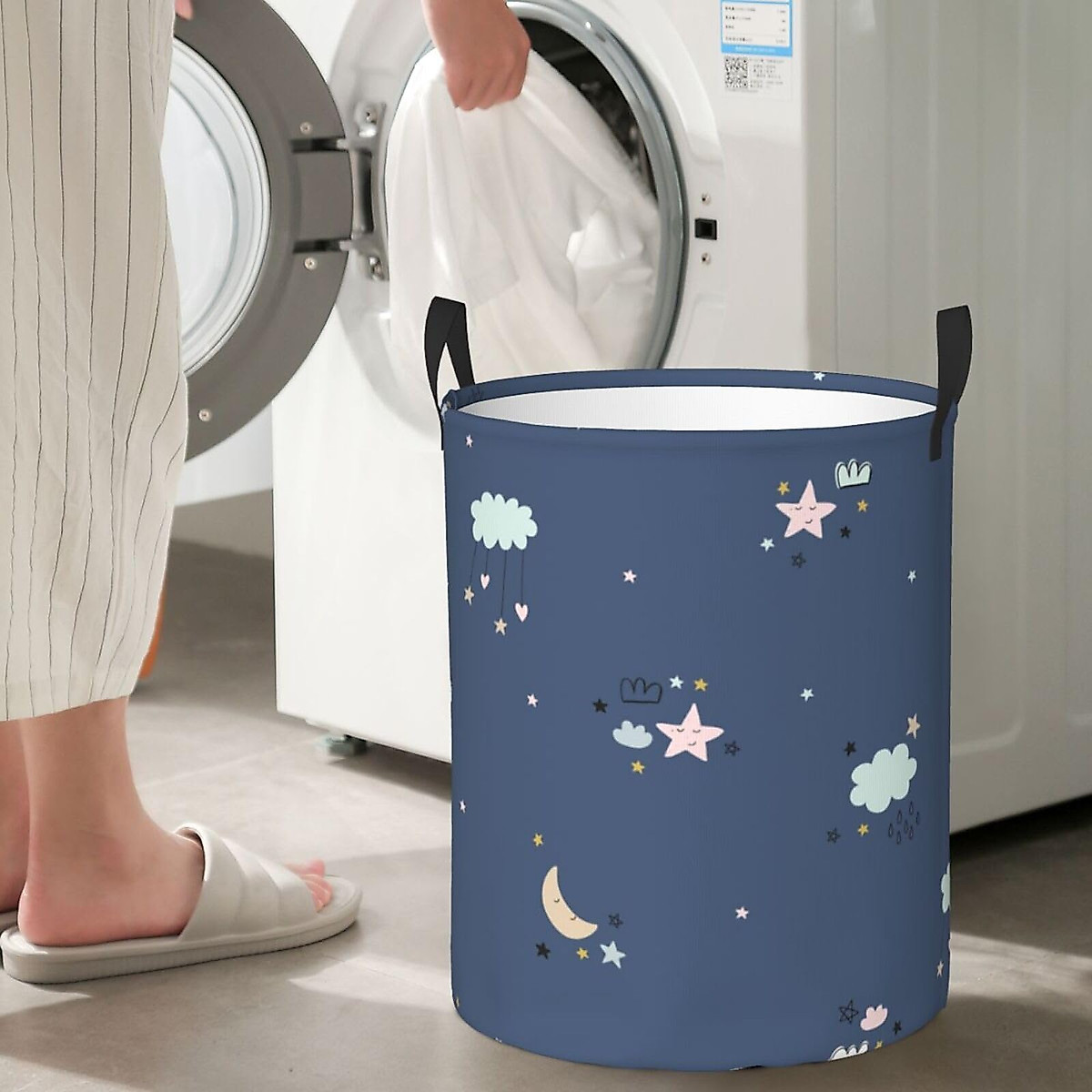 Cute Night Sky Nebula Large Laundry Basket 62L Round Collapsible Laundry Hamper Waterproof Nursery Hamper with Handles Portable Clothes Hamper Foldable Nursery Storage Basket Bedroom Toy Bin